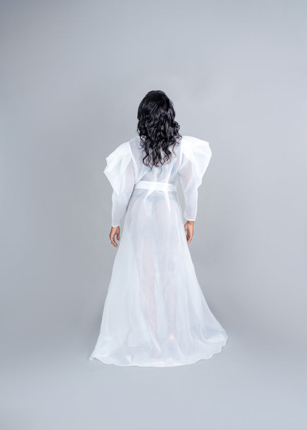 Tatum Long Sheer White Organza Bridal Robe with Tie Waist | Pantora ...